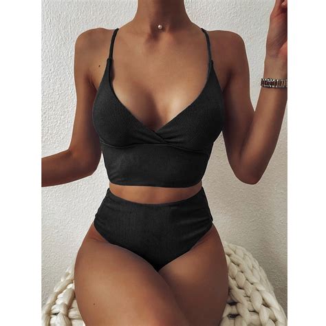 2pc Bikini Sets For Women Two Piece Striped Push Up High Cut Hight
