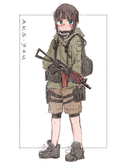 Safebooru 1girl Aks 74u Aqua Eyes Assault Rifle Bike Shorts Brown