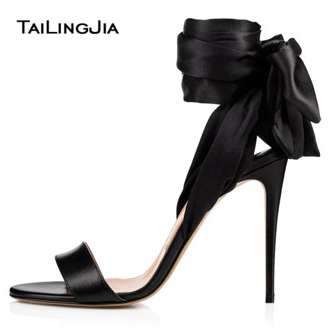 Sexy High Heel Black Satin Sandals Wrapped Dress Shoes Women Ankle