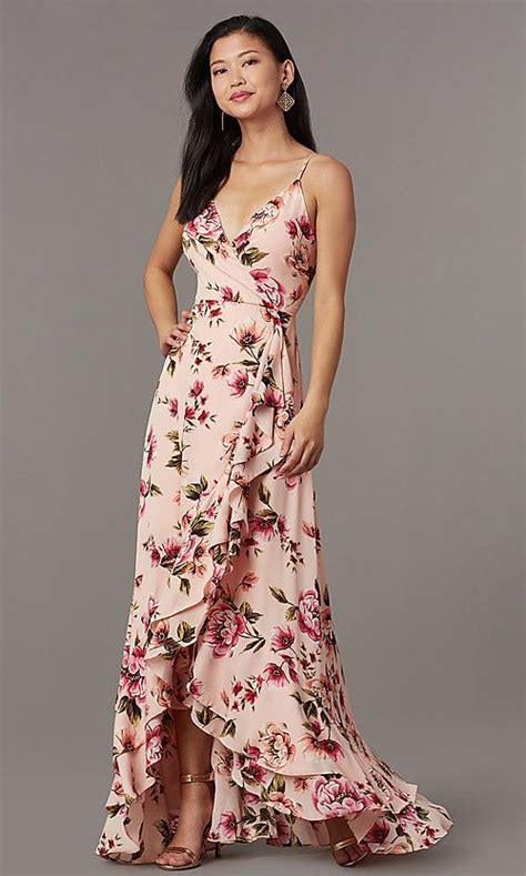 Floral Print Long Wedding Guest Dress With Ruffles Floral Dress