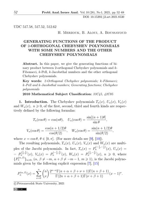 Pdf Generating Functions Of The Product Of 2 Orthogonal Chebyshev