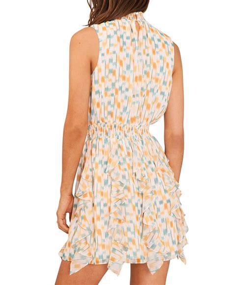 1 State Womens Printed Smocked Sleeveless Mock Neck Ruffled Mini Dress