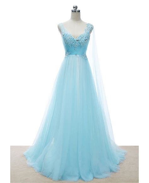 Romantic A Line V Neck Sweep Train Tulle Wedding Dress With Appliques