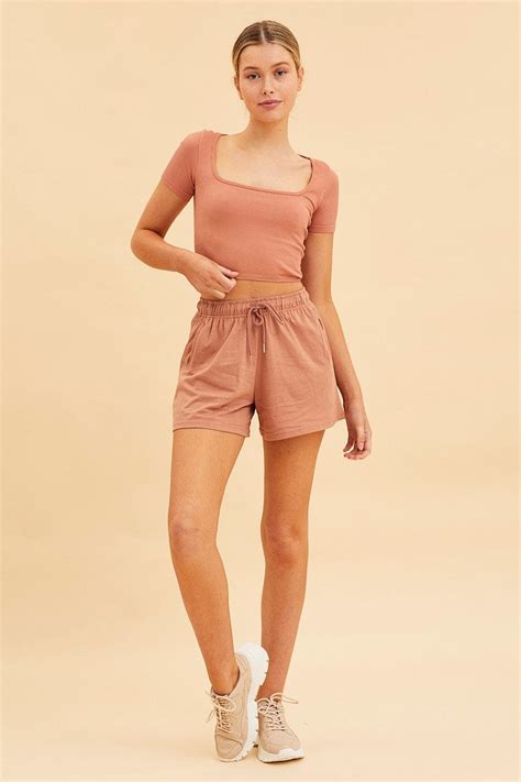Womens Orange Seamless T Shirt Crop Short Sleeve Square Neck Ally