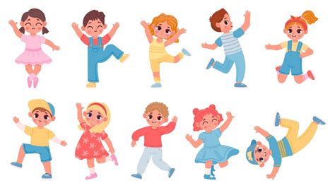 Dibujos Animados Feliz Bailando Y Saltando Niños Y Niñas Los Niños