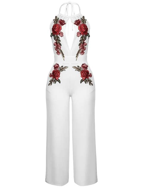 Rose Floral Embroidery Backless Lace Up Jumpsuits New Fashion Sexy