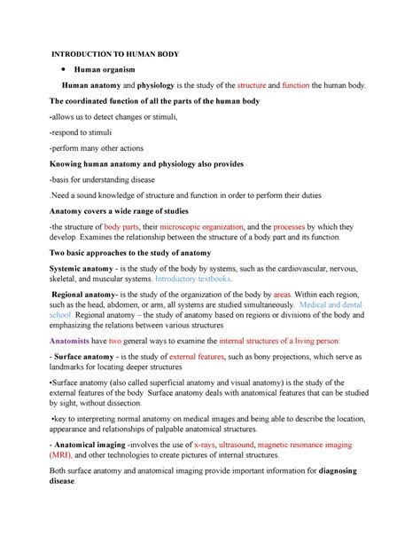 Anatomy And Physiology Chapter 1 Lecture Notes For First Year Bsn