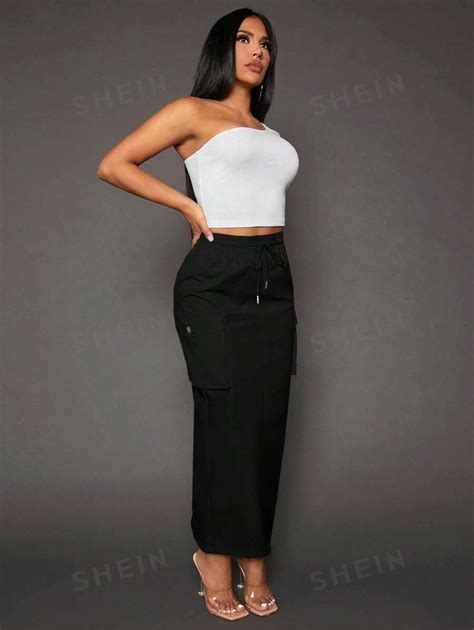 Shein Sxy Drawstring Waist Flap Pocket Side Skirt Shein Usa