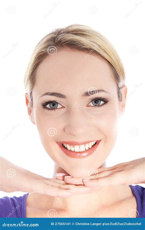 Portrait Of Smiling Blonde Woman On White Stock Image Image Of
