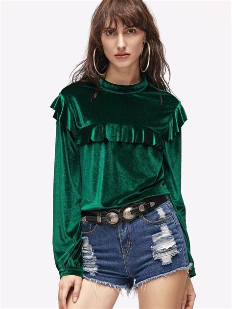 Shop Green Buttoned Keyhole Back Velvet Ruffle Top Online Shein Offers