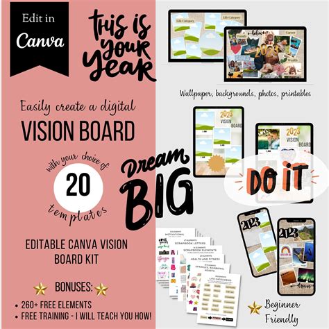Digital Vision Board Template Canva 2023 Vision Board Editable Drag And