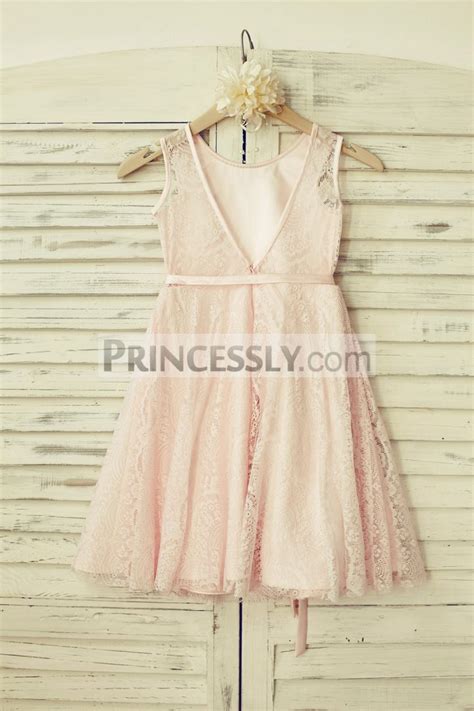 Ivory Eyelash Lace Blush Pink Lining Sleeveless Deep V Back Flower Girl