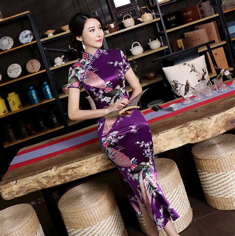 New Luxurious Purple Satin Phoenix Chinese Long Dress Cheongsam Qipao