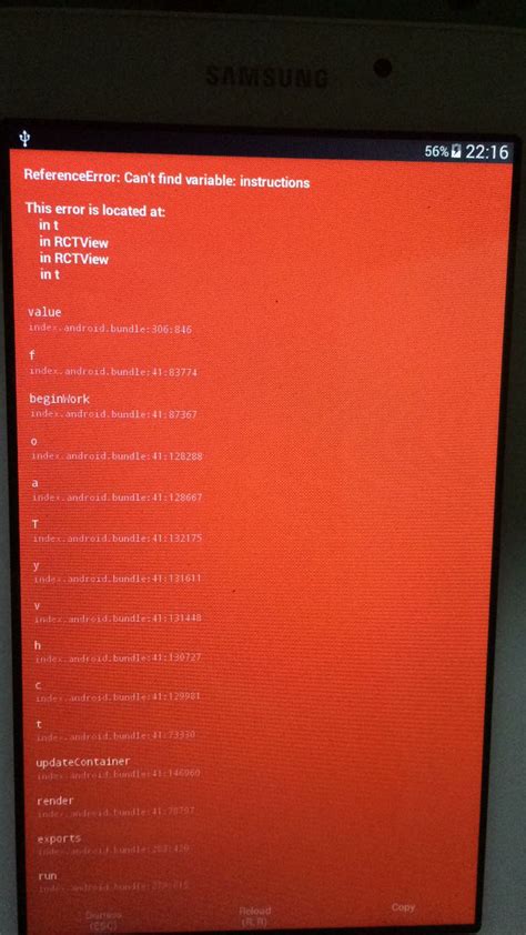 reactjs error with react native running android stack