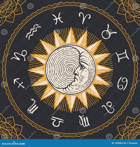 Circle Of Zodiac Signs With Sun And Crescent Moon Stock Vector