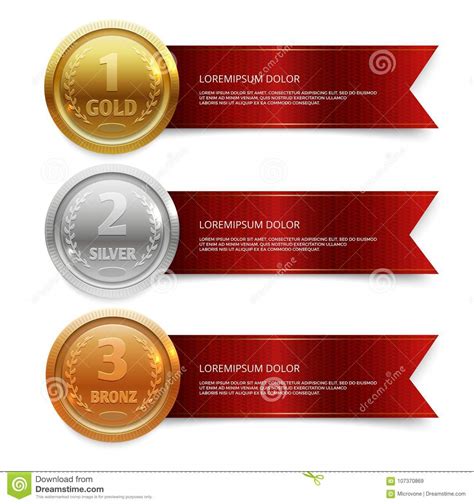 Champion Gold Silver And Bronze Medal With Red Ribbon Icon Sign First
