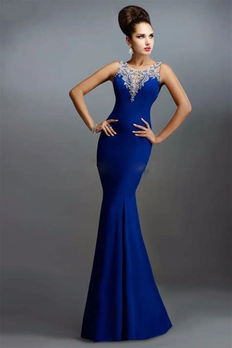 2017 Classical Royal Blue Evening Dress Long Satin Back See Through