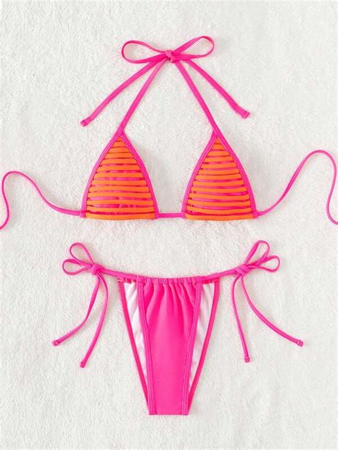Striped Halter Triangle Tie Side Bikini Swimsuit Shein Usa