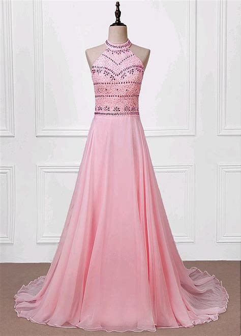 Pretty Tulle And Silk Like Chiffon Halter Neckline A Line Prom Dresses