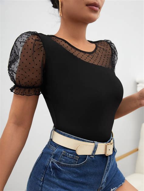Shein Privé Contrast Dobby Mesh Puff Sleeve Tee Shein Usa