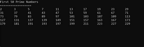 list the first 50 prime numbers programming pseudocode example c