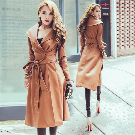 Womens Brown Leather Trench Coat Jacketin
