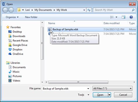 how to open a backup file in word