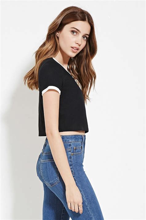 Boxy Ringer Tee Cropped White Tee Women Forever 21 Women
