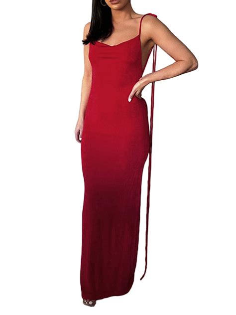 Liacowi Women Sexy Spaghetti Strap Backless Long Dress Lace Up Bodycon