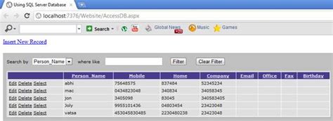 contact numbers an e diary application in asp using