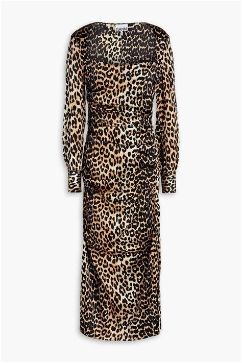 Ganni Ruched Leopard Print Silk Blend Satin Midi Dress The Outnet