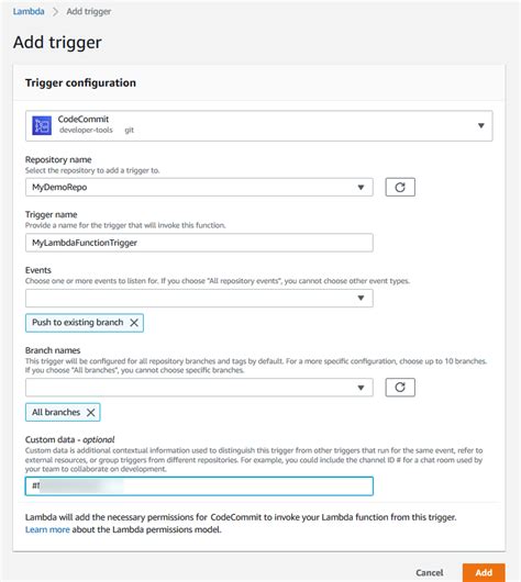 example create an aws codecommit trigger for an aws lambda function