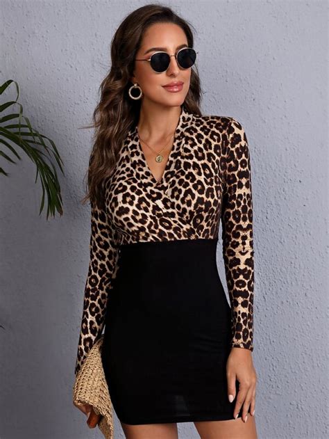 Shein Clasi Leopard Print Surplice Neck Bodycon Dress Shein Uk