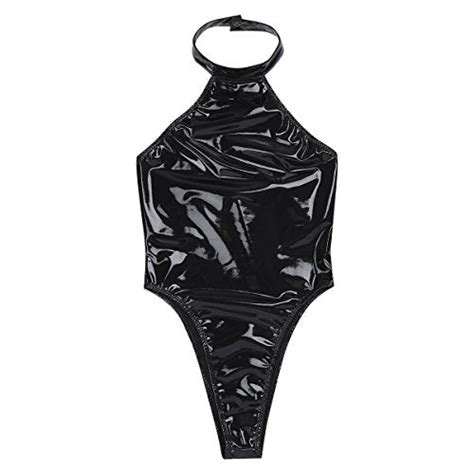 Womens Shiny Metallic Pvc Leather High Cut Thongs Leotard One Piece H