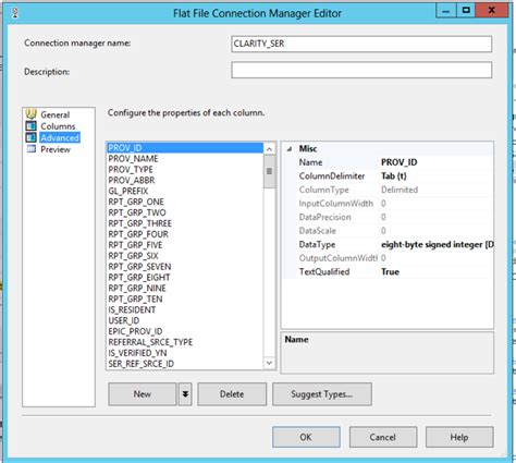 sql server set datatypes for ssis connection manager object other