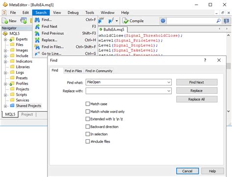 find and replace developing programs metaeditor help