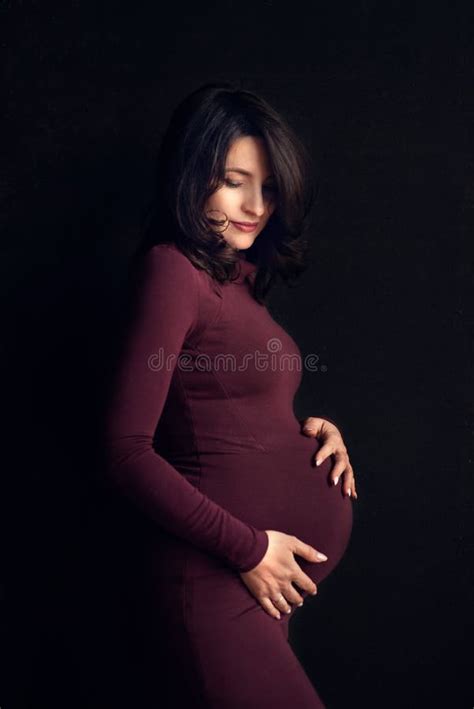 Pregnant Happy Woman Touching Her Belly Pregnant Middle Aged Mother