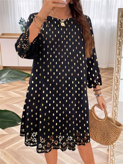 Shein Lune Plus Gold Dot Print Laser Cut Out Scallop Trim Tunic Dress