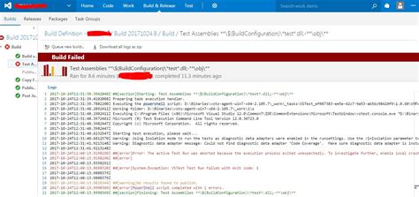 tfsbuild tfs 2015 build failed due to exception in the test