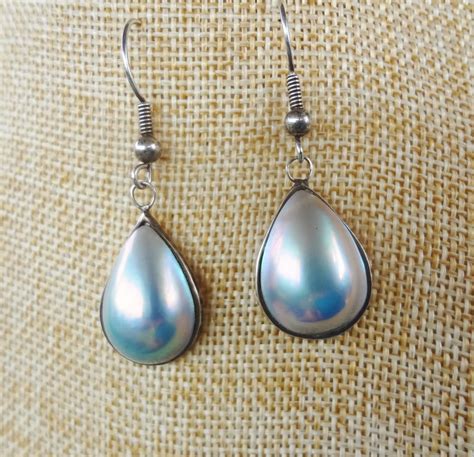 Fine Large Vintage Blue Grey Mabe Pearl Earrings Sterling Silver From