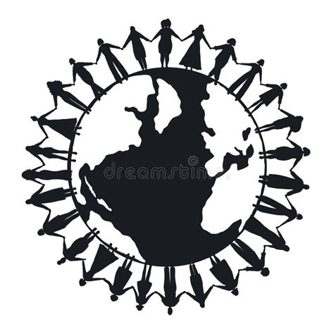 Black Silhouettes Women Are Holding Hands Stand Around The World Map