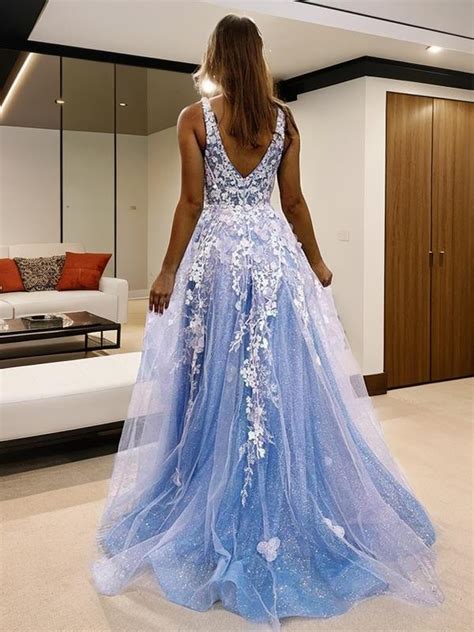 A Line Princess V Neck Sweep Train Tulle Prom Dresses With Leg Slit