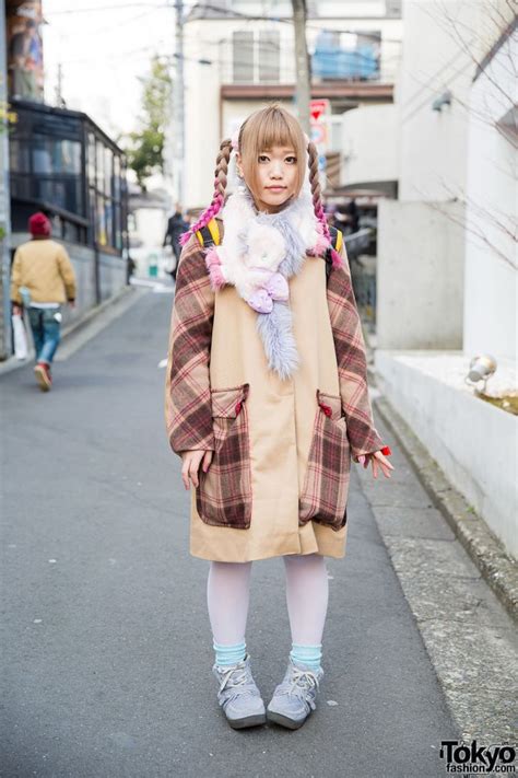 Harajuku Girl W Pink Twin Braids Unicorn Muffler And Handmade Plaid