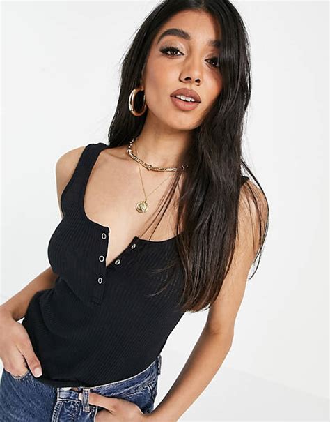 Asos Design Geripptes Trägertop Mit Druckknopfleiste In Schwarz Asos