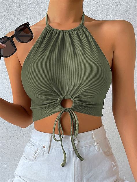 Shein Bae Sexy Eenkleurig Tanktop And Hemd Zonder Rug Koord Tie Terug