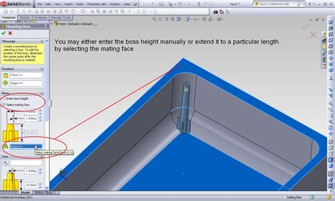 tutorial using mounting boss fastening feature in solidworks grabcad