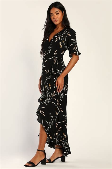Cute Black Floral Print Dress High Low Dress Wrap Dress Lulus