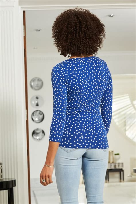 Blue And White Spot Print Ruched Neck Jersey Top