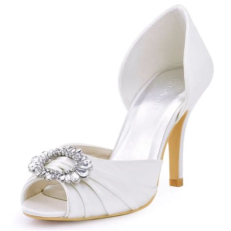 Woman Wedding High Heel Shoes Ivory Peep Toe Rhinestones Bride