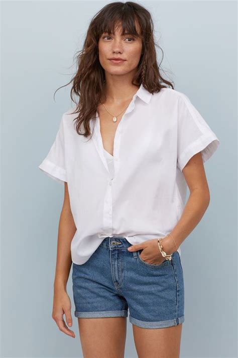 Short Sleeved Cotton Shirt White Ladies Handm Us Shirt Outfit